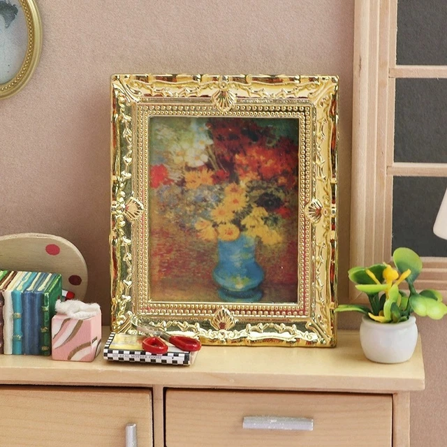 1:12 DOLL HOUSE Mini Simulation Gilded Oil Painting Flower Decoration ...