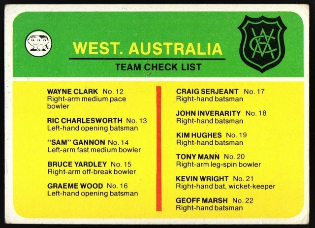 SCANLENS CRICKET CARDS 1978-1 Unmarked Checklist Western Australia EUR ...