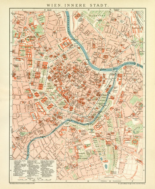 WIEN INNERE STADT historischer Stadtplan antike Landkarte Lithographie ...