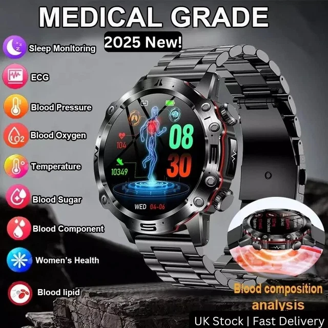 UK 2025 NEW Medical Grade Smart Watch Blood Pressure Oxygen Heart Rate ...
