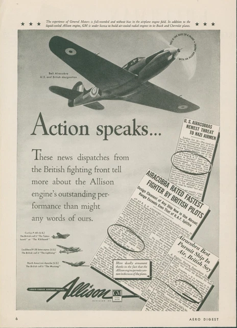1942 WWII ALLISON Aircraft Engine Bell Airacobra Curtiss P40 Apache Ad ...