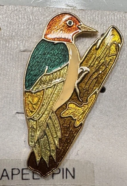 22CT GOLD PLATED Fine Enamels Lapel Pin - Red-Headed Woodpecker Bird ...