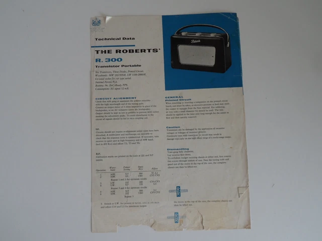 ROBERTS R300 TRANSISTOR Radio (Technical Data Leaflet Only).Radio ...
