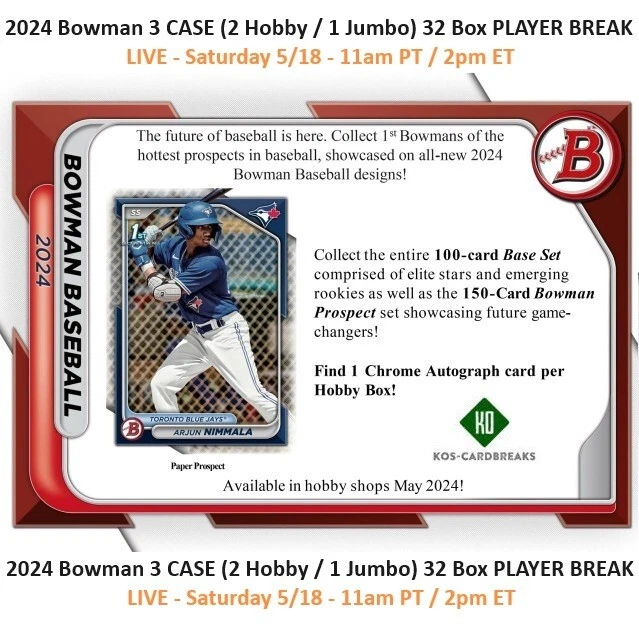 JOSUE DE PAULA LAD 2024 Bowman 3 CASE (2 Hobby/1 Jumbo) 32 Box BREAK #5 ...