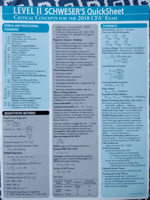 CFA LEVEL 2 Schweser Formulae Quicksheet 2018 £0.99 - PicClick UK