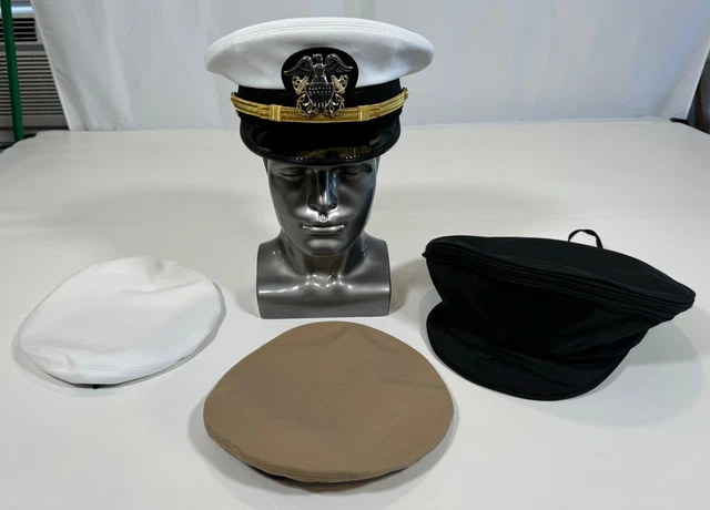 USN US NAVY Officer CPO Dress White Uniform Hat Cap w/ Case & 2 Covers ...