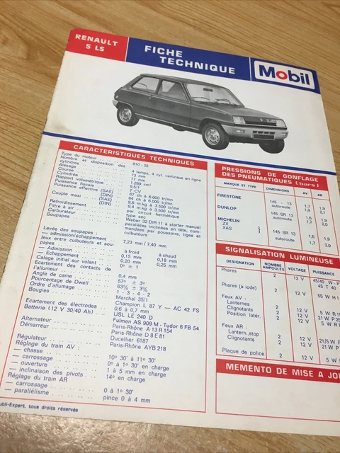 FICHE TECHNIQUE AUTOMOBILE Mobil Renault 5 LS R5 LS graissage entretien ...