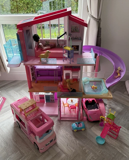 BARBIE 3-STOREY FURNISHED Dollhouse w/ Slide, Accessories + FREE Camper ...