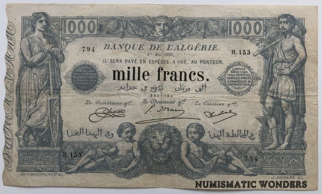 ALGERIA BANKNOTE 1000 Francs 1924 P.076b VF (Type 1875 BLUE) $555.00 ...
