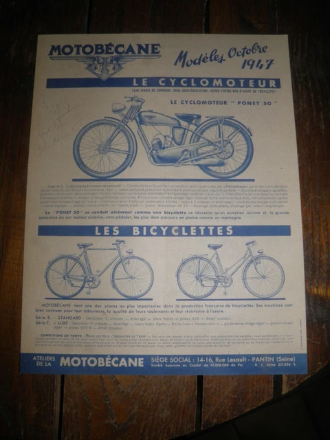 TRÉS RARE CATALOGUE Publicitaire Velomoteurs & Cyclomoteurs Motobecane 1947 EUR 20,00 - PicClick FR