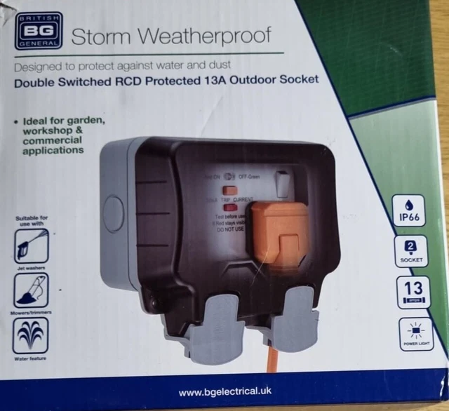 DOUBLE WEATHERPROOF OUTDOOR Switched Power Socket with Latching RCD BG ...