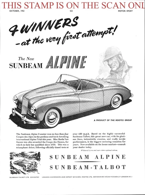 SUNBEAM 'ALPINE' SPORTS Motor Car ADVERT : Original Vintage 1953 Print ...