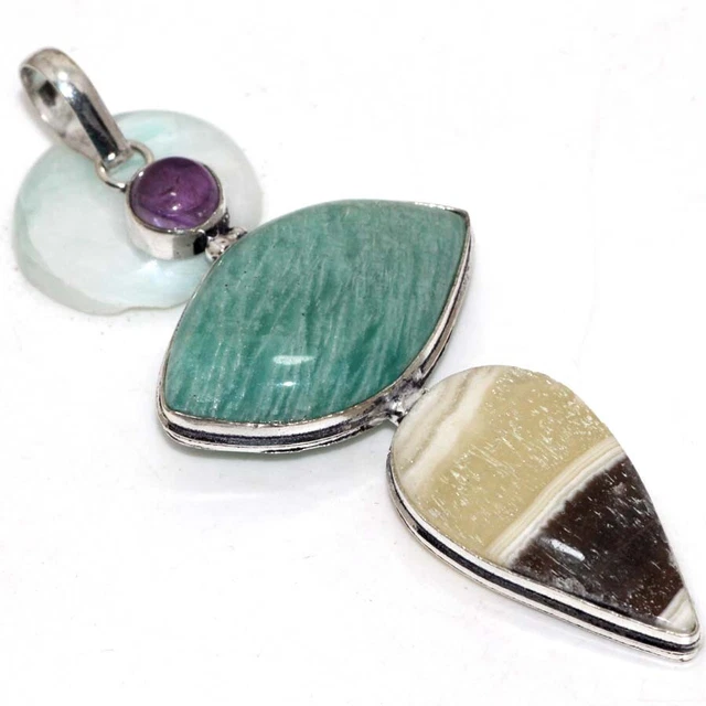 925 SILVER PLATED-AMAZONITE Zebra Calcite Ethnic Long Pendant Jewelry 3 ...