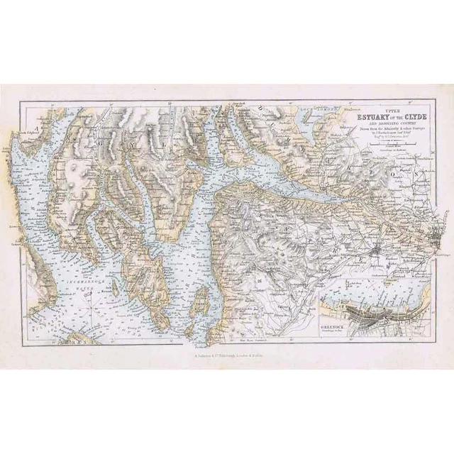 SCOTLAND UPPER ESTUARY of the Clyde Antique Map 1872 by Fullarton £12. ...