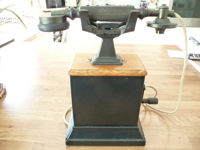 ANTIQUE ERICSSON CRANK handle telephone with handset and fabric covered ...