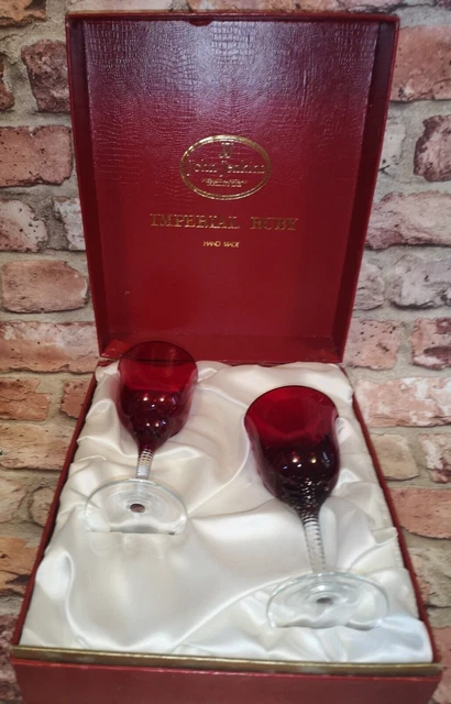 JOHN JENKINS IMPERIAL Ruby handmade twisted red wine glasses with box £ ...