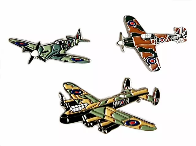 RAF SET OF 3 WW2 Aircraft Metal Enamel Pin Badge Spitfire, Lancaster ...