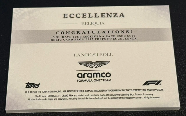 TOPPS F1 FORMULA 1 Eccellenza 2025 Lance Stroll Race Used Suit Patch ...