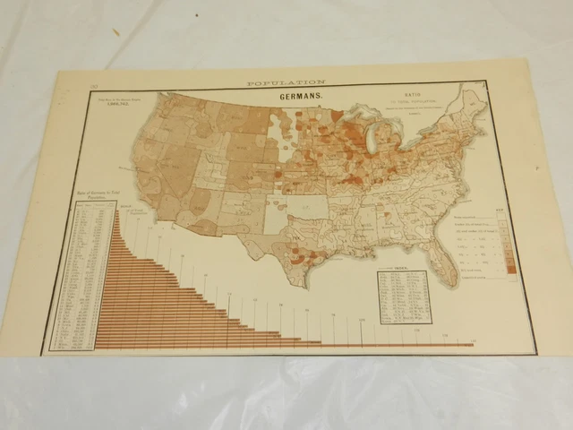 1888 POLITICAL MAP/GERMAN RATIO TO TOTAL POPULATION, UNITED STATES 1880 ...