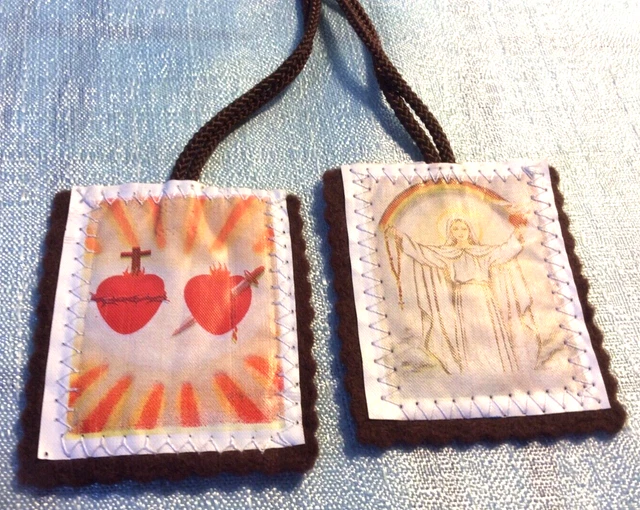 CATHOLIC SCAPULAR BROWN Flame bursting forth immaculate heart of Mary ...