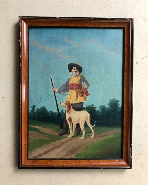 TABLEAU ANCIEN SIGNÉ Rossi 1897, Chasseur et son chien, Huile sur ...