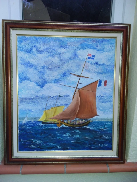 TABLEAU HUILE SUR toile signé encadré format 10F voiliers en mer EUR 50,00 - PicClick FR