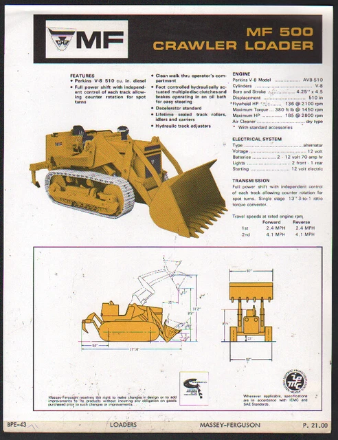 MASSEY FERGUSON &MF 500" Industrial Crawler Tractor Loader Brochure Leaflet £7.00 - PicClick UK