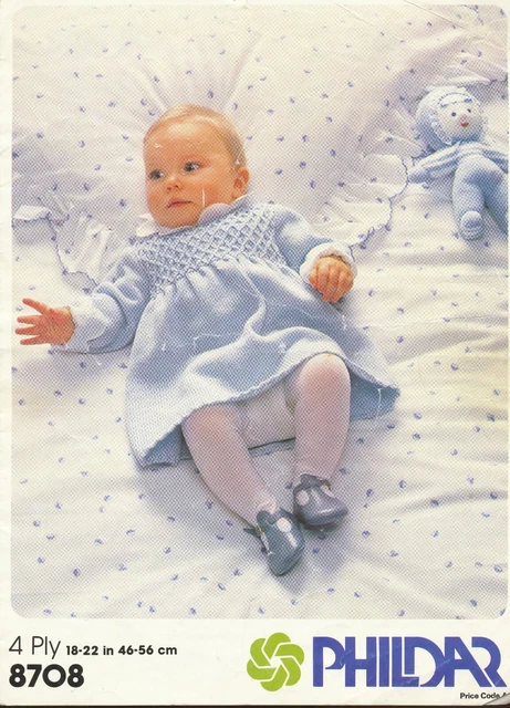 PHILDAR 4 PLY KNITTING PATTERN 8708 BABY'S SMOCKED DRESS 18-22 in, 46 ...