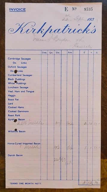 1937 KIRKPATRICK'S BUTCHER Invoice to Brydon & Son, Hawick, Scotland £4 ...
