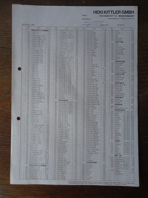 MODELLBAU EISENBAHN : Heki Kittler Preisliste - Auftragsblatt 1983 EUR ...