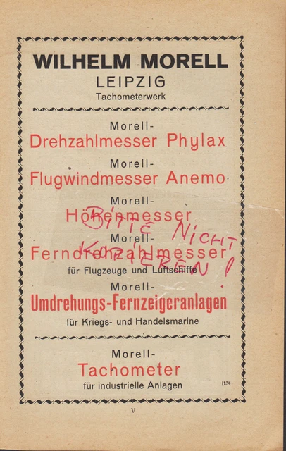 LEIPZIG, WERBUNG 1920, Wilhelm Morell Tachometer-Werk Drehzahl-Flugwind ...