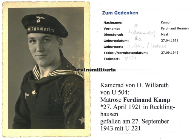 ORIG. FOTO AK Portrait U-Boot U-504 Matrose Ferdinand Kamp - KIA mit U ...