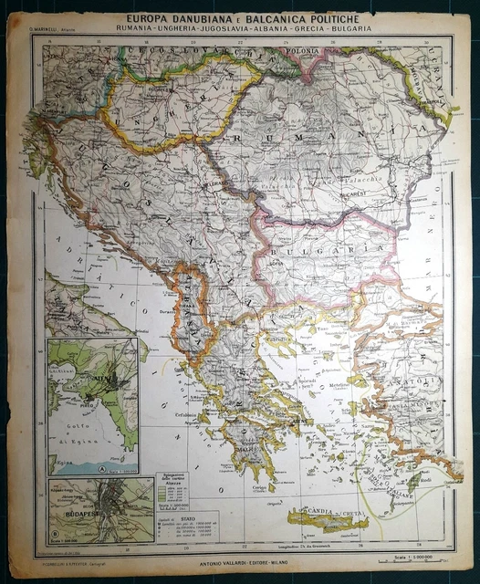 CARTA GEOGRAFICA ANTICA BALCANI DANUBIO pre 2 guerra mondiale 1936 ...