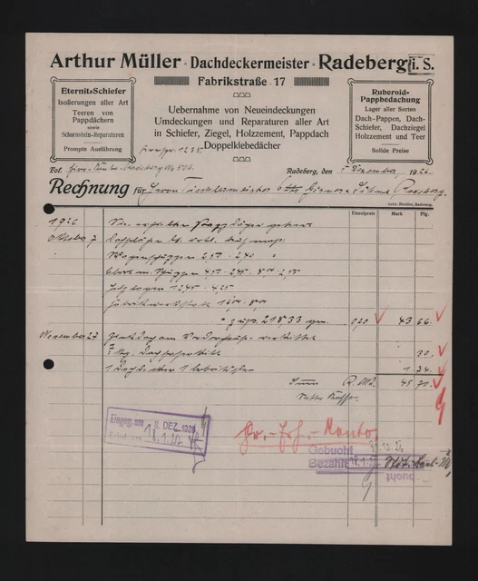 RADEBERG, RECHNUNG 1926, Arthur Müller Dachdecker-Meister Eternit ...