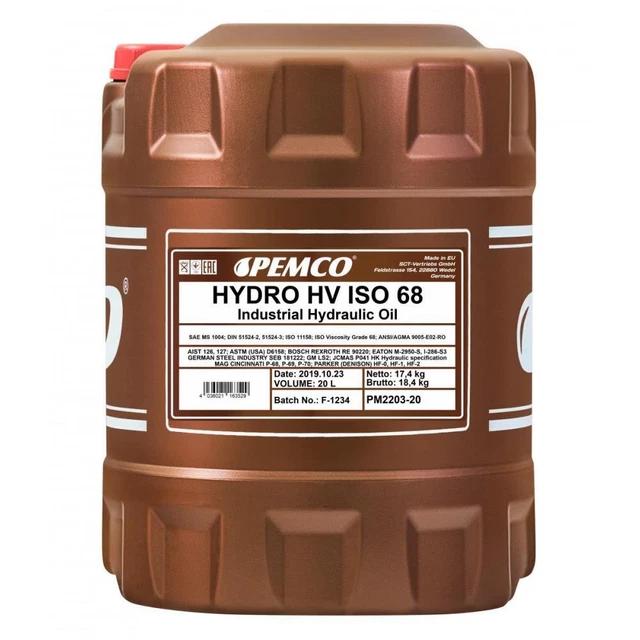 PEMCO 20 LITRE Hydro Hv Iso 68 Huile Hydraulique din 51524-2 51524-3 ...