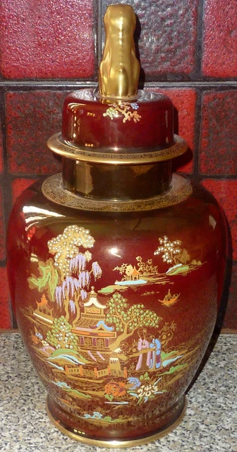 ANTIQUE CROWN DEVON Fieldings Large Oriental Ginger Jar & Lid Rouge Red ...