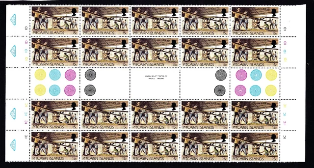 1981 PITCAIRN ISLANDS Local Motives Gutter Block 20 Decimal Stamps ...