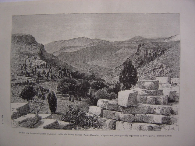 GRAVURE RUINES TEMPLE d' APLACA Afka Vallée du fleuve Adonis Nahr ...