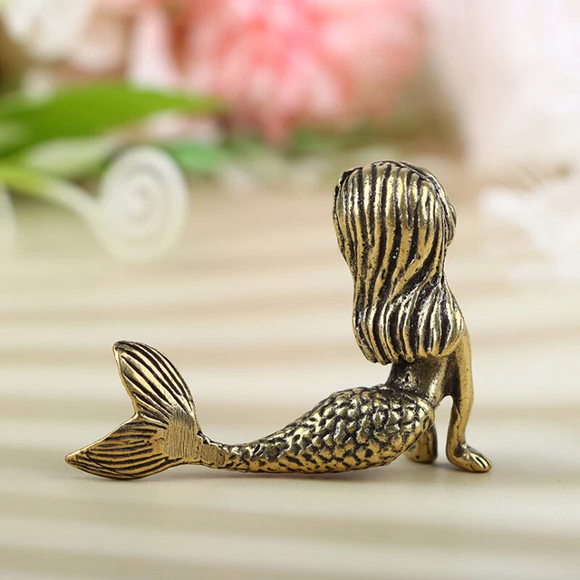 Brass Mermaid Statue Miniatures Retro Fairy Figurines Home Office Decor