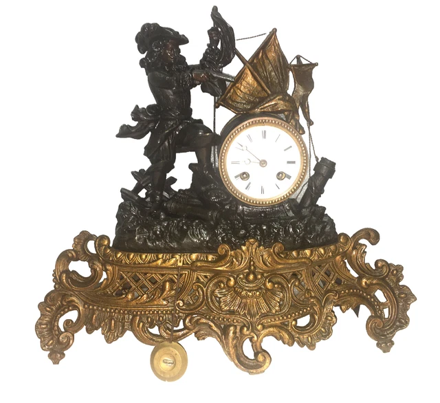 PENDULE RÉGULE ET bronze, corsaire, pistolet, Japy Fils fonctionnelle ...