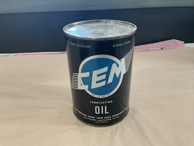NOS FULL RARELY Seen CEM Lubrication Oil Can Quart Crown Cork & Seal ...