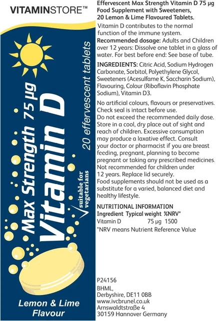VITAMIN D EFFERVESCENT Tablets,Max Strength 75ug,Lemon&Lime Flavour(20 ...