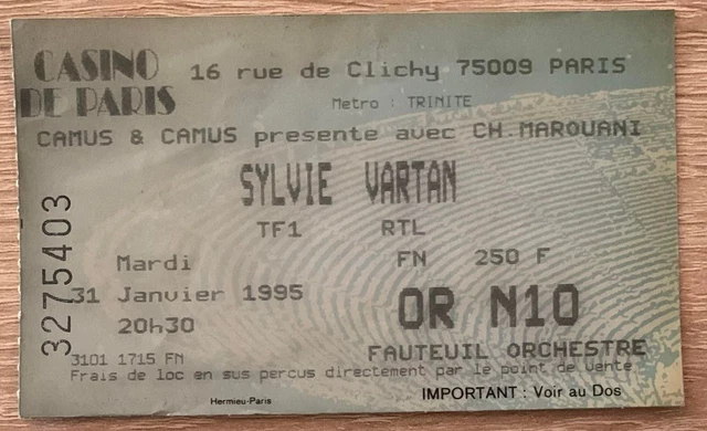 SYLVIE VARTAN - Ticket concert n° 10 - Casino de Paris - Mardi 31 ...