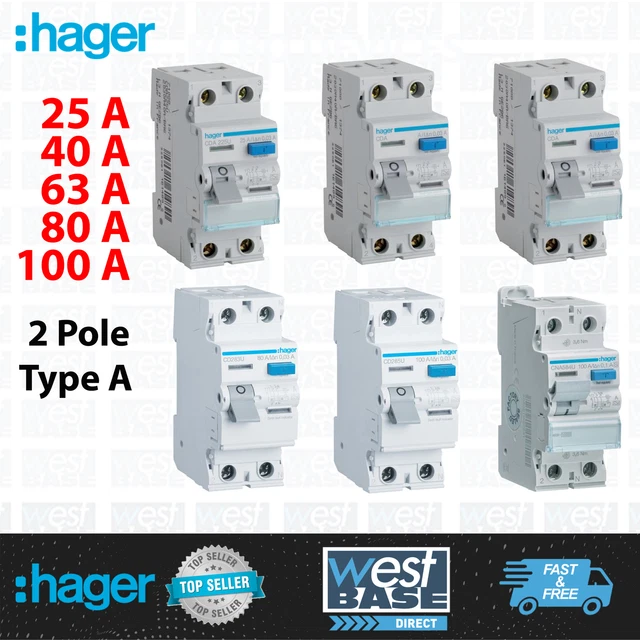 HAGER RCD RCCB Circuit Breaker 2 Pole 230V Single Phase 25A 40A 100A ...