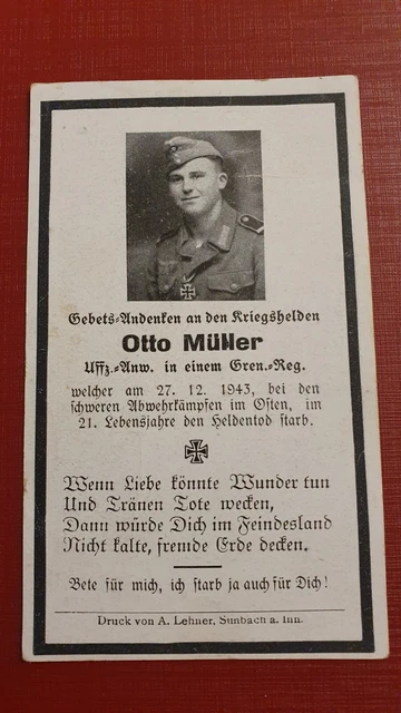 VINTAGE GERMAN WW2 death card OTTO MULLER fell 27dec1943 OSTEN £5.99 ...