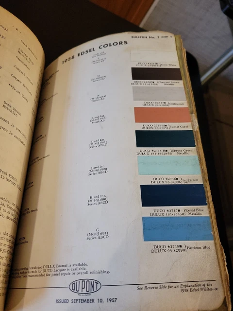 1958 DUPONT DUCO Dulux Edsel Color Paint Chip Swatch Sheet Bulletin No ...