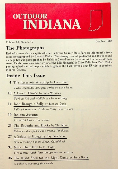 VINTAGE OUTDOOR INDIANA Magazine October 1988 Brown County State Park ...