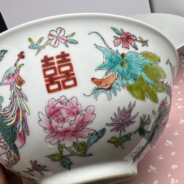 2 VINTAGE CHINESE Double Happiness Dragon-Phoenix Flower Porcelain 7.5 ...