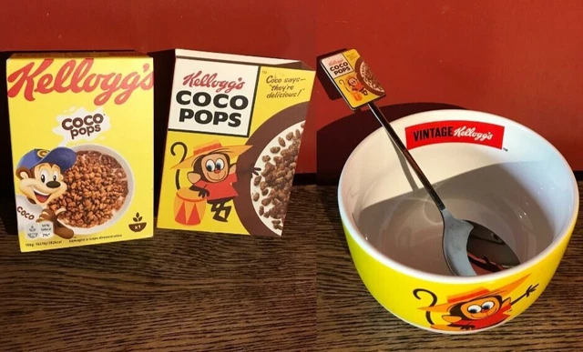 VINTAGE STYLE KELLOGG'S CEREAL BOWL, SPOON AND COCO POPS (Out of date ...