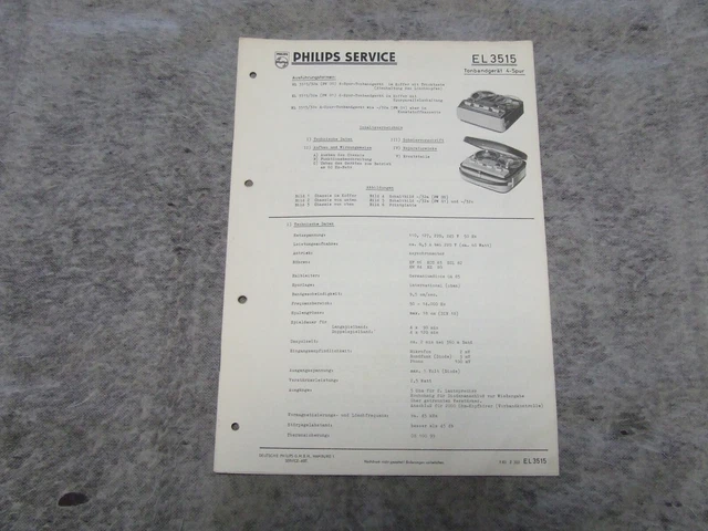 SCHALTPLAN SERVICE MANUAL für Philips Tonbandgerät EL3515 EUR 1,00 ...